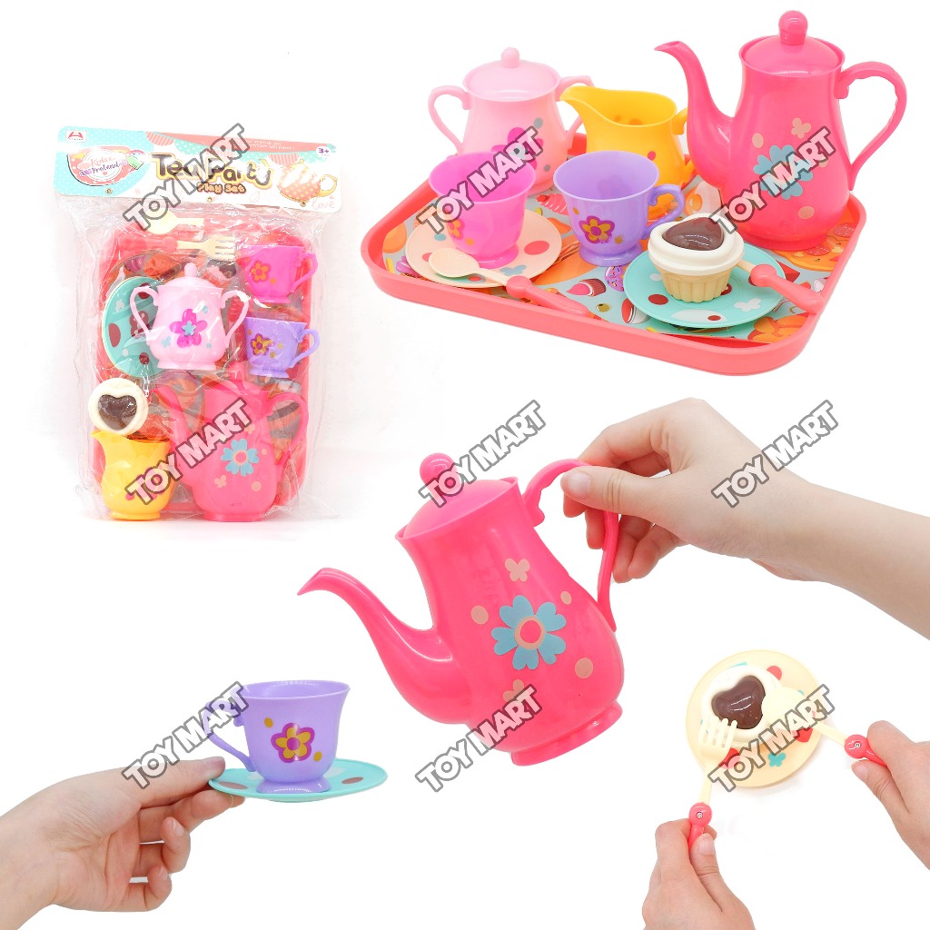 Tea Party Toy Play Set Cute Pretend Play w/ Teapot, Cups & Saucers ...