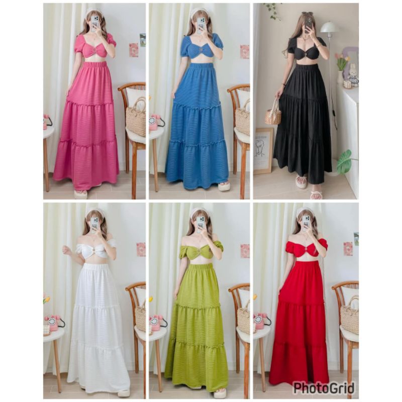 TMB Coords Padded Puff Up Sleeves Top & Long Maxi Skirt Onhand Terno Beach OOTD/Two Way | Shopee ...