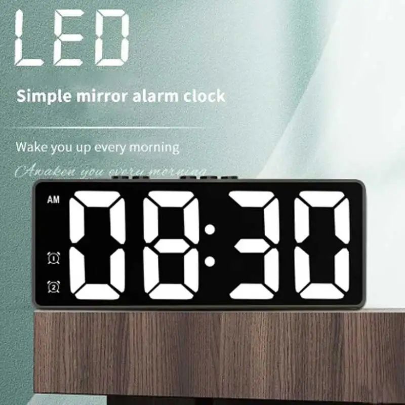 LED Mirror Clock Digital Alarm Snooze Display Time Desktop Electronic ...