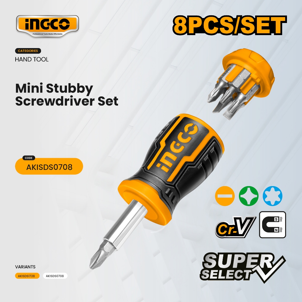 Ingco 8in1 25mm Stubby Screwdriver Set Short Screw Driver Flat & Philip ...