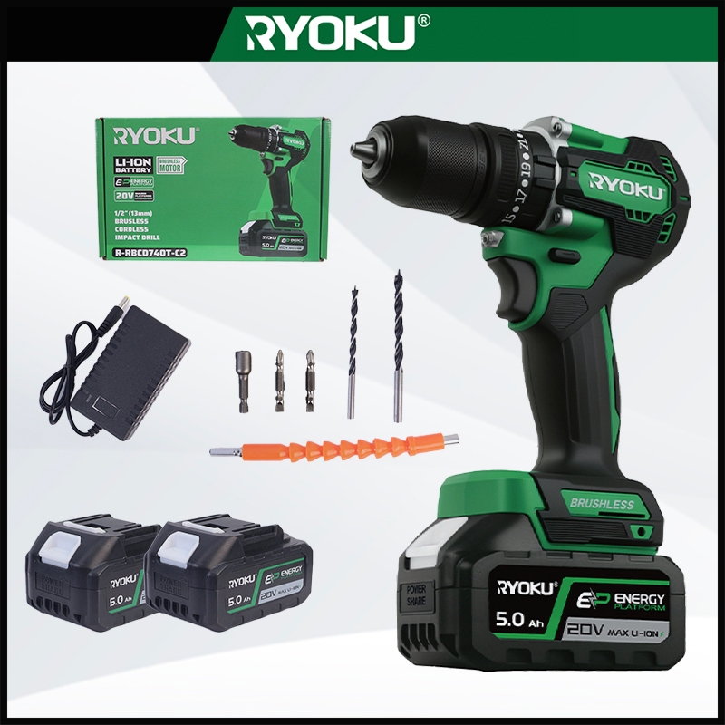 RYOKU 20V 13MM Cordless Drill Brushless Motor All Copper 2 Batteries ...
