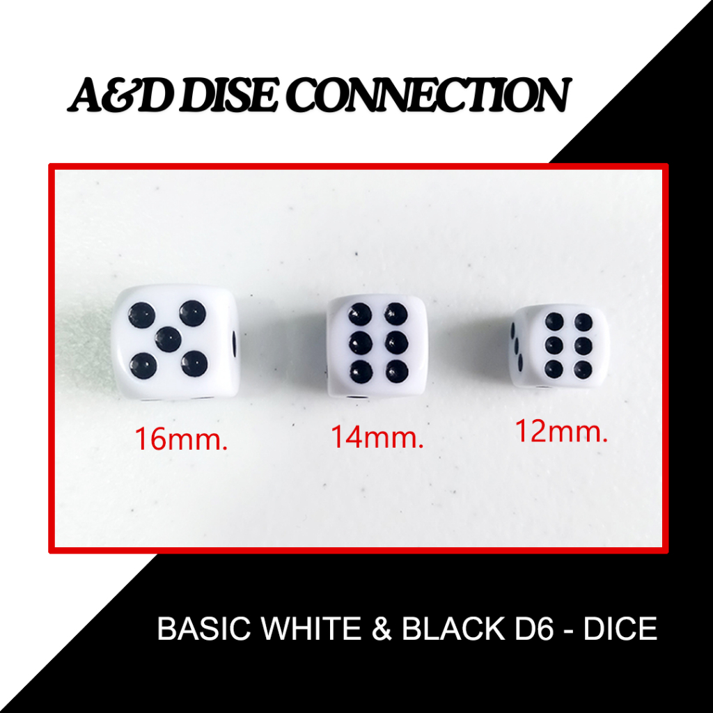 1pc. Basic White & Black D6 - Dice Available Sizes:( 16mm, 14mm, 12mm ...
