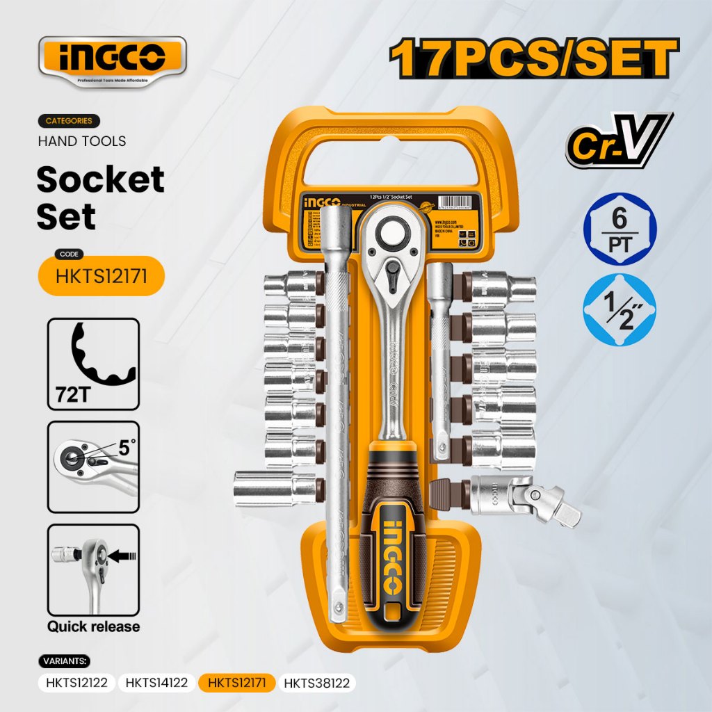 Ingco 12pcs /17pcs Socket Set w/ Quick Release Ratchet & Extension Bar ...