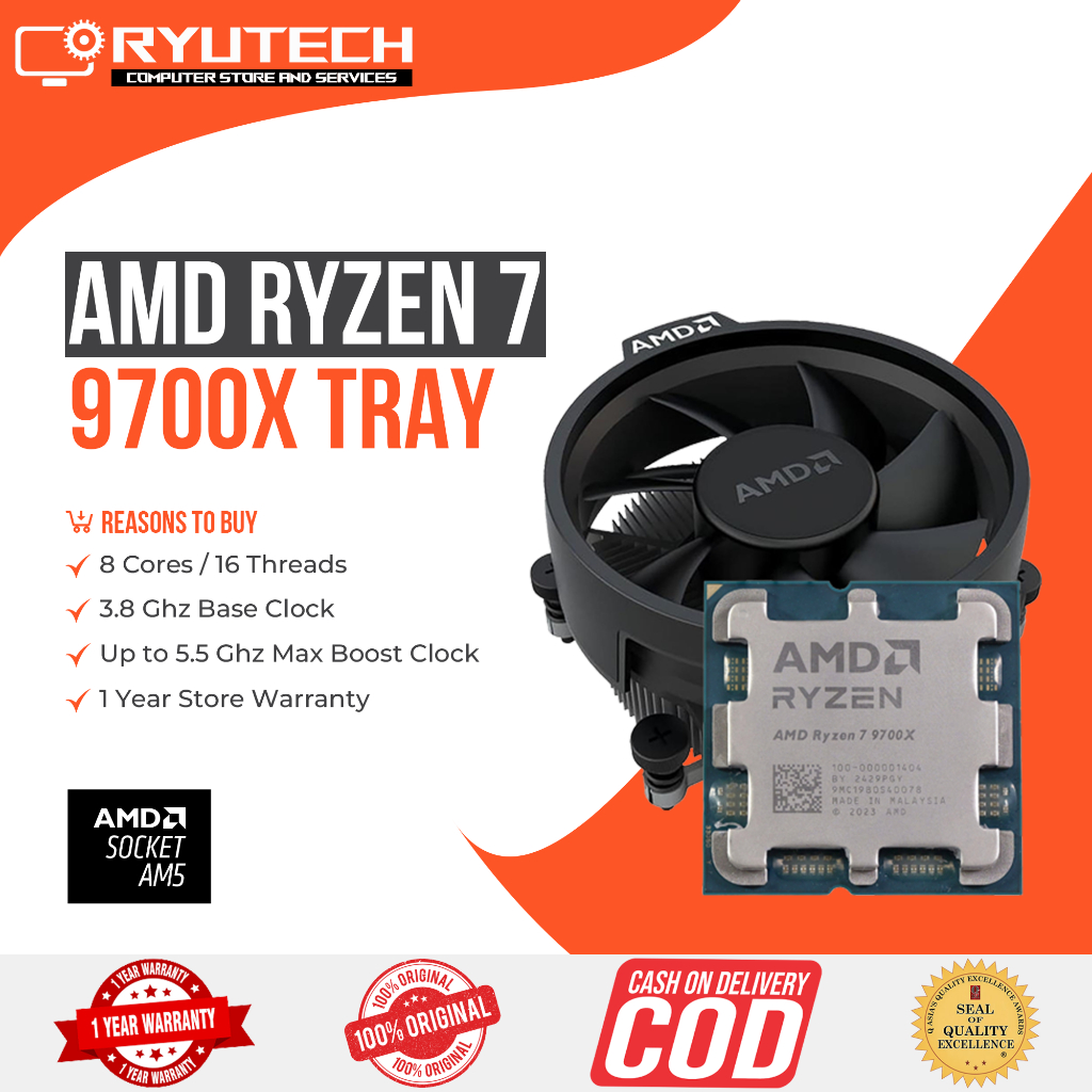 AMD RYZEN 7 9700X TRAY 8 Cores / 16 Threads 3.8 Ghz Base Clock Up to 5.5 Ghz Max Boost Clock ...