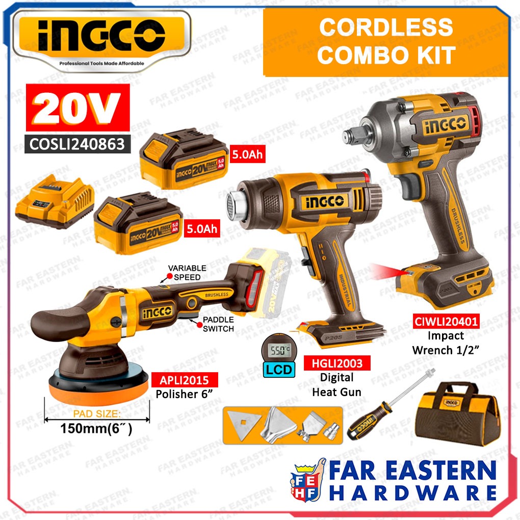 INGCO COMBO KIT Cordless Brushless Impact Wrench | Polisher | Heat Gun ...