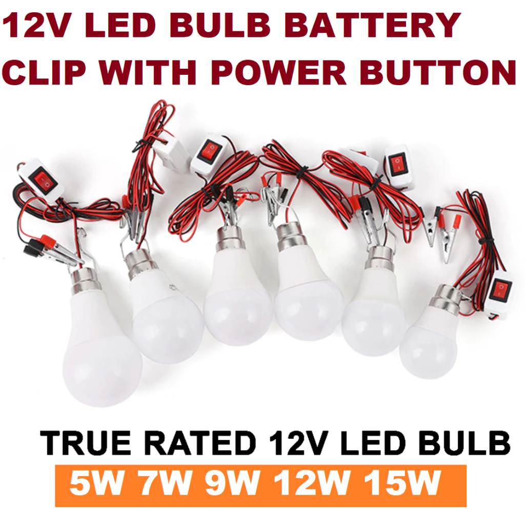 12V LED BULB with ALLIGATOR CLIP FOR BATTERY 12V Built in Power Button ...