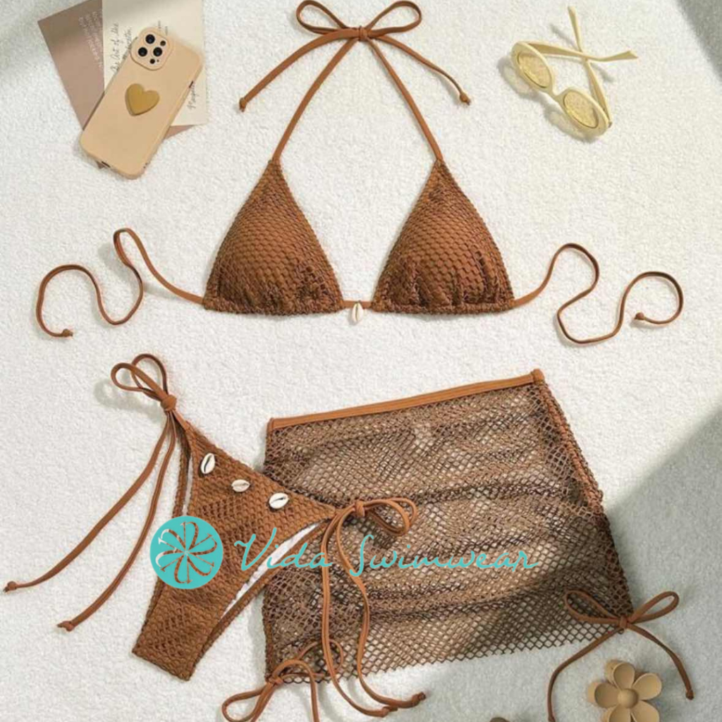 3 in 1 Two Piece Net Bikini with Cover up Skirt Shell Swimwear Women ...