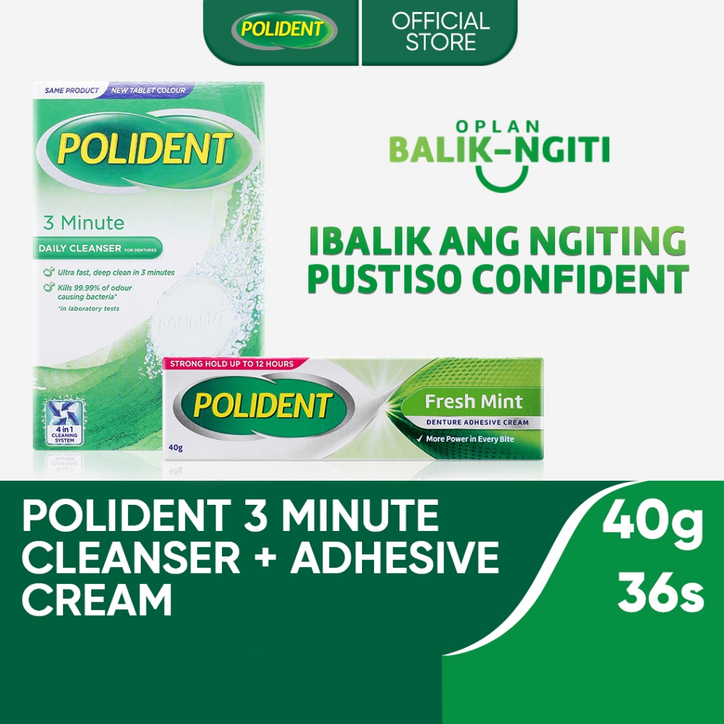 Polident Kit: 3-Minute Original Cleanser 36s + Denture Adhesive Cream ...