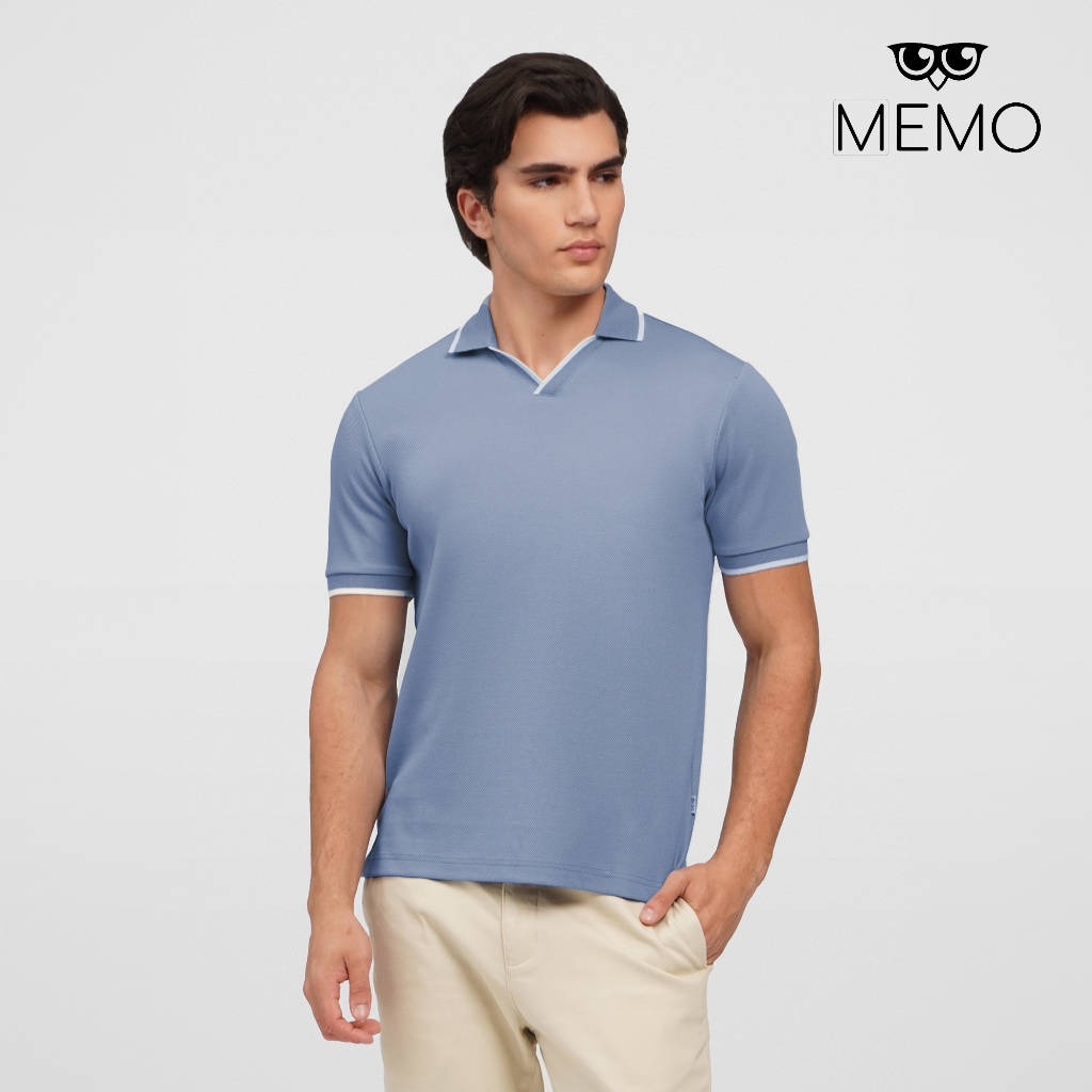 Memo Textured Open Collar Polo With Contrast Tipping For Men (Blue ...