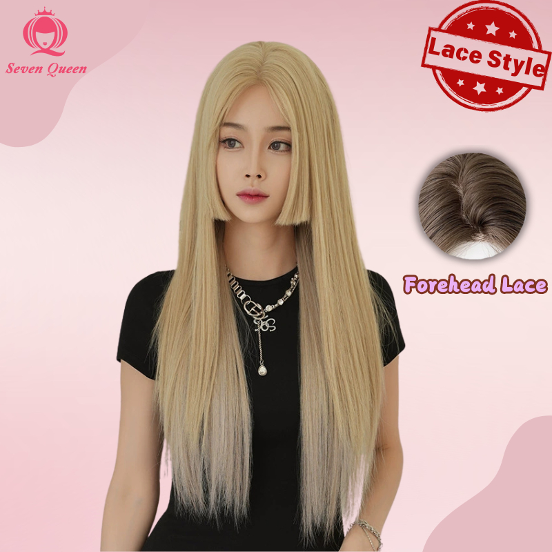 "Seven Queen" Wig 77cm lace long straight bangs middle parting natural ...