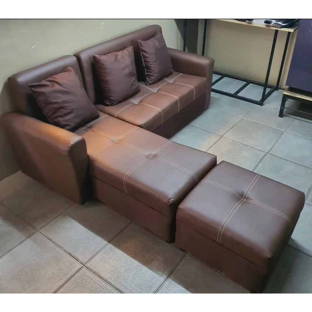 sala set L shape brown leather sofa with center table uratex foam ...