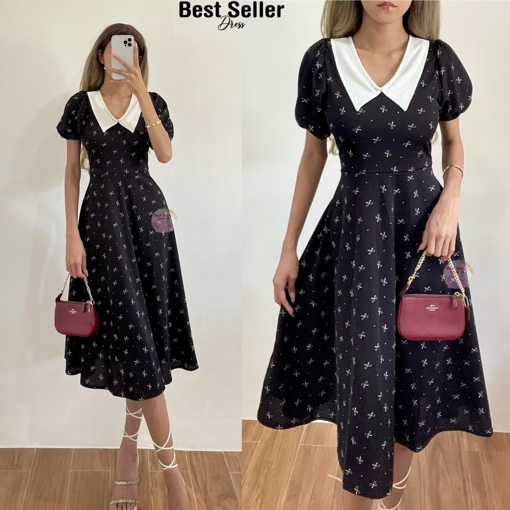 BSD Best Seller Carolina (S-XXL) Collar Puff Sleeves Midi Dress with ...