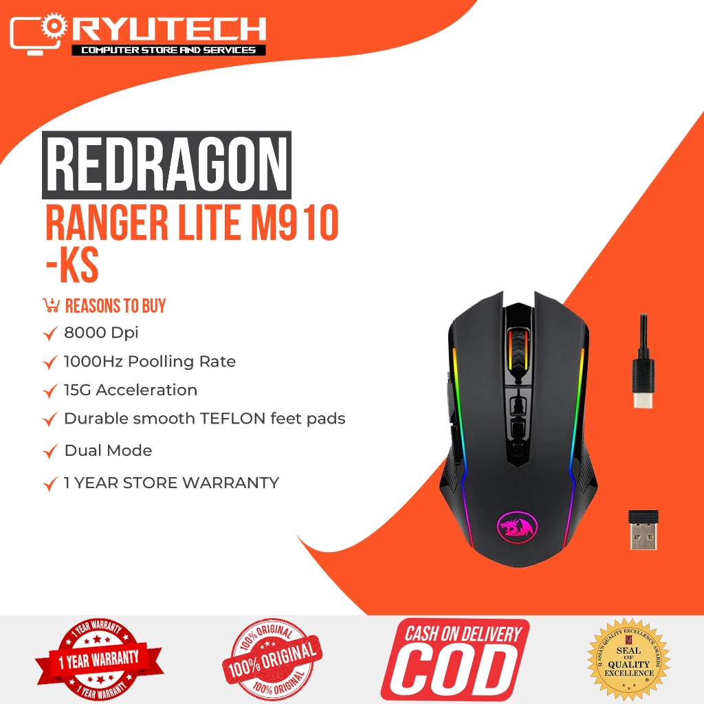 REDRAGON RANGER LITE M910-KS - Dual Mode, 8000 DPI, 1000Hz Polling Rate ...