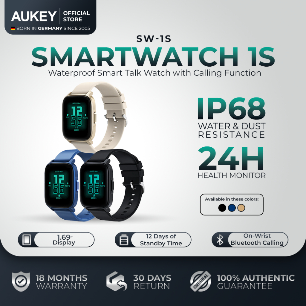 AUKEY SW-1S Call Smart Watch with Bluetooth Connectivity, Fitness Tracker, Heart Rate Monitor ...