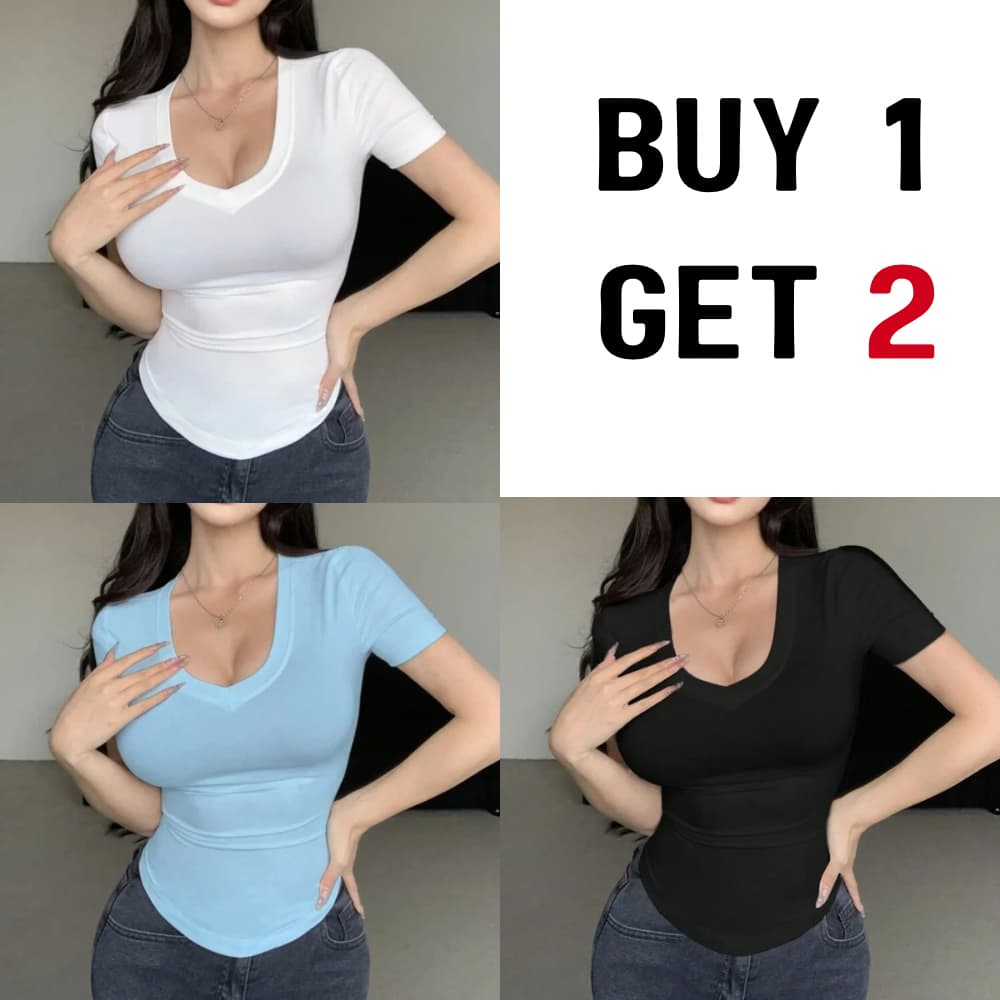 BUY 1 GET 2 (Total 3) Katie V-Neck Top Short Sleeve T-Shirt Basic Body ...