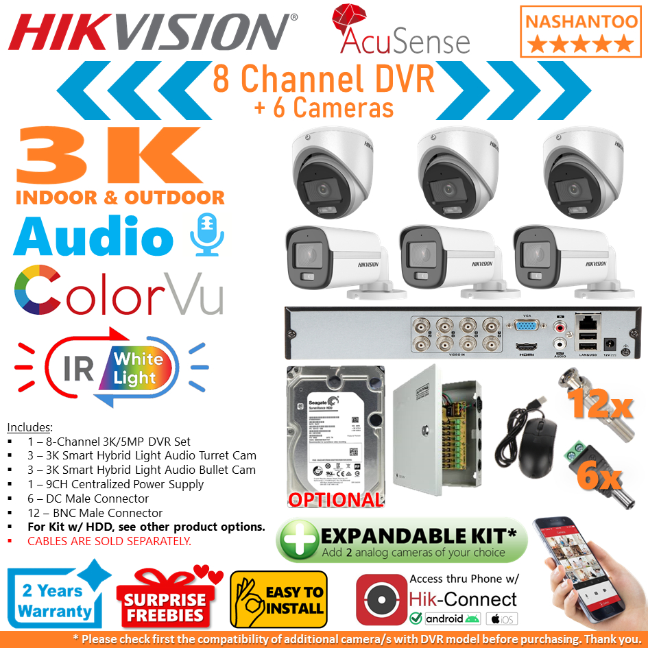 Hikvision 8CH 3K / 5MP ColorVu Audio 6Camera Indoor/Outdoor DIY CCTV ...