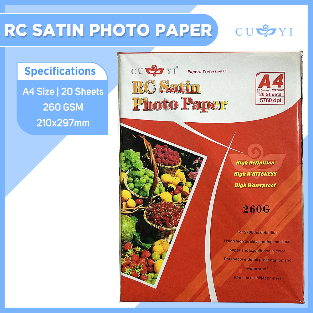 CUYI RC Satin Photo Paper 260Gsm A4 Size - 20 Sheets Pack | Shopee ...