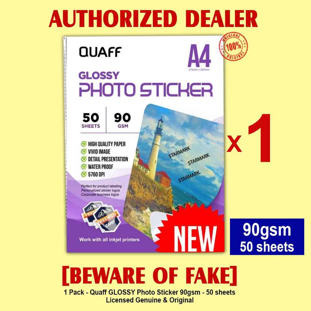 Quaff GLOSSY Photo Sticker Paper Papers A4 Size 90gsm 50 Sheets per ...