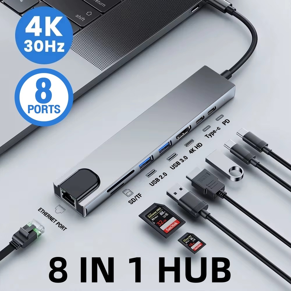 8 In 1 Usb Hub Type C Splitter Multi-Function USB Hub Expansion Dock TF ...