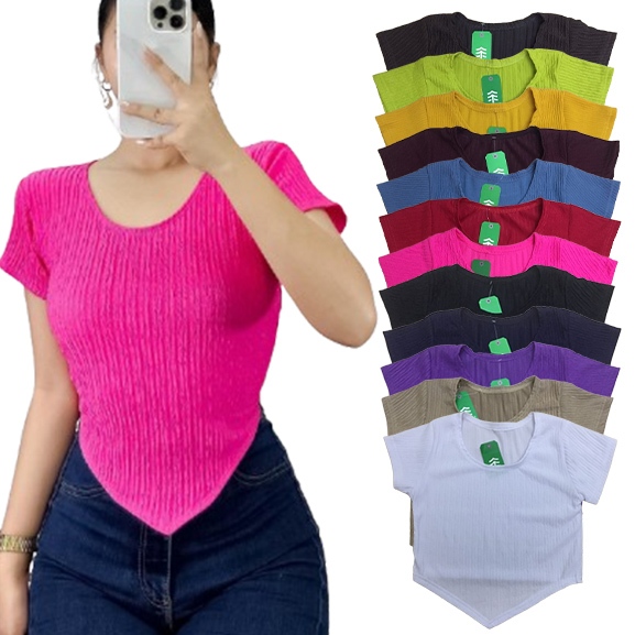 BIZTREE Women Crop Top 00036 Plain Bark Crepe Short Sleeves Round Neck ...