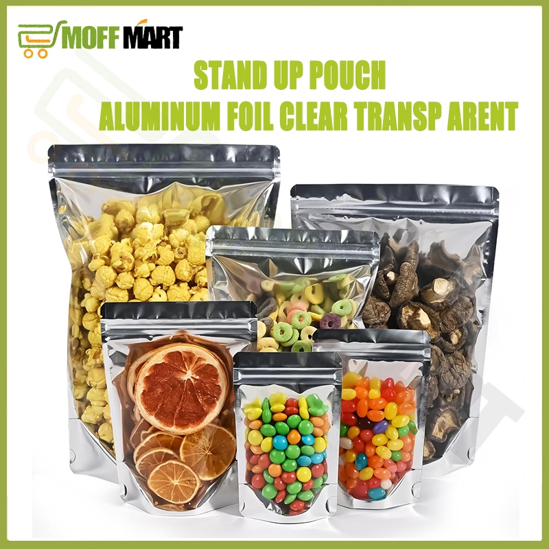 MOFF 100 pcs Silver Transparent Stand Up Pouch with Zip Lock Cpack Ziplock Pouch Resealable ...