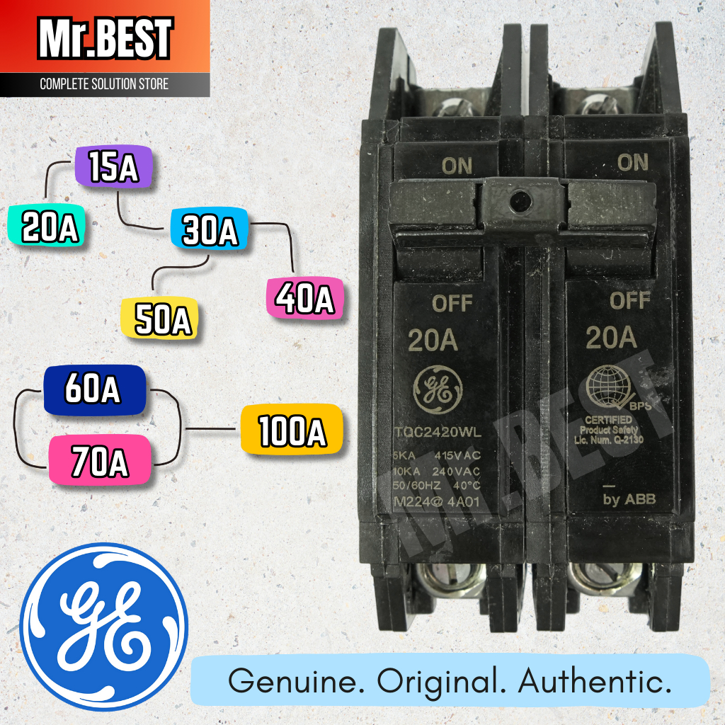 Genuine GE TQC Circuit Breaker Bolt-On Type 2pole 15Amp 20Amp 30Amp 40Amp 50Amp 60Amp 70Amp ...