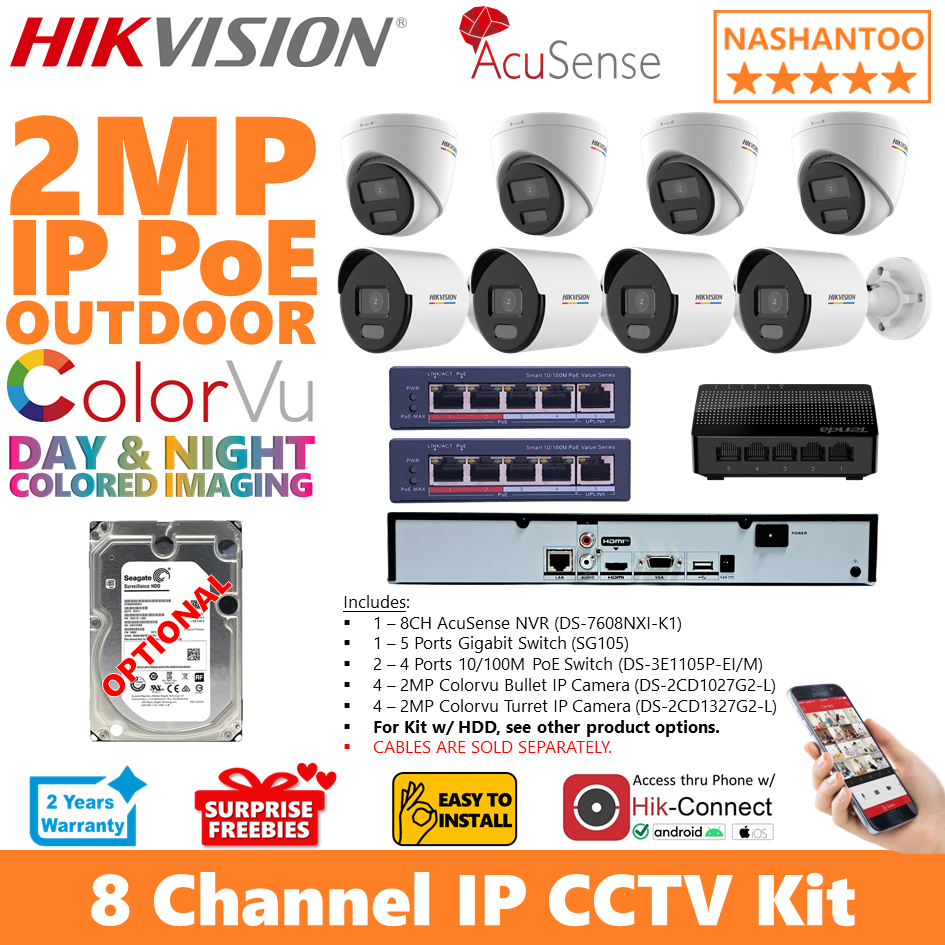 Hikvision 8Channel 2MP Colorvu PoE 8Cameras (4 Bullet, 4 Turret) IP ...