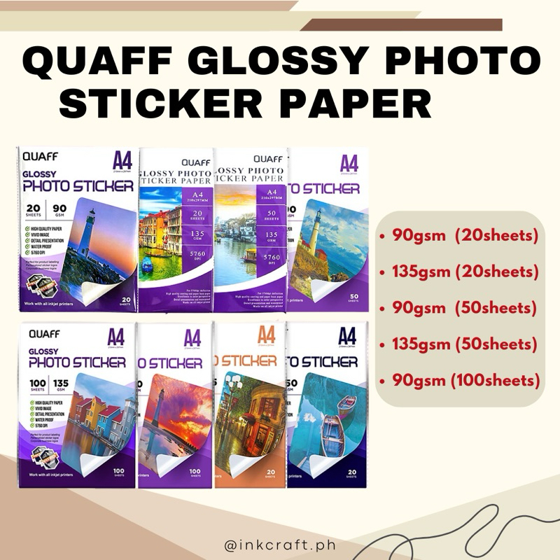 QUAFF Glossy Photo Sticker Paper A4 Size 90/135gsm(20/50/100sheets ...