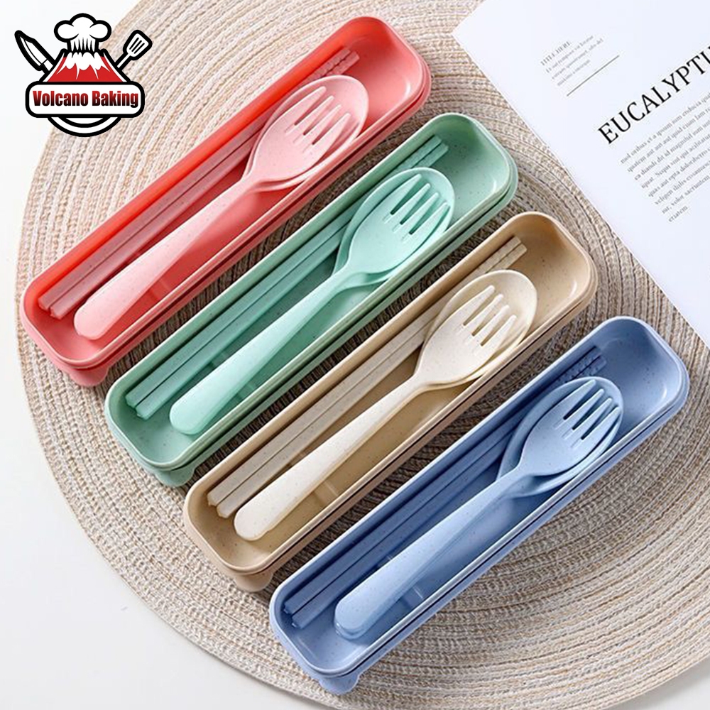 3pcs Original Wheat Straw Chopstick Spoon Fork Cutlery Set Reusable ...