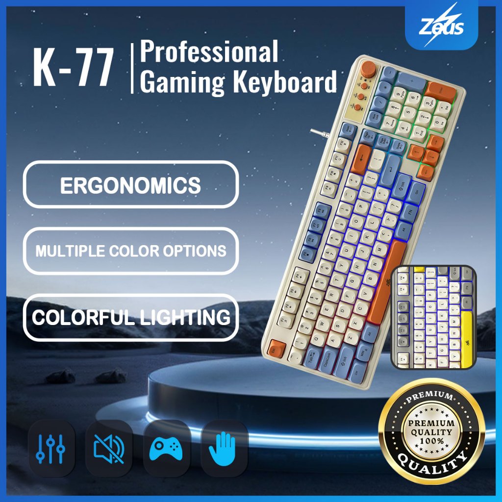 Zeus® K77 98 Keys Wired Gaming Keyboard USB Mechanical Feel With Volume Knob Control Media ...