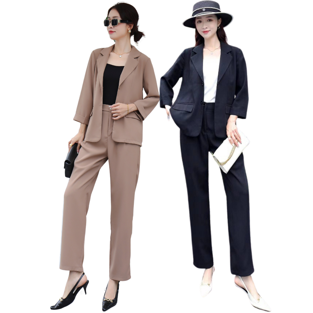Terno Set 3/4 Sleeve Blazer Trouser Pants Straight Cut S-L #4651 Office ...