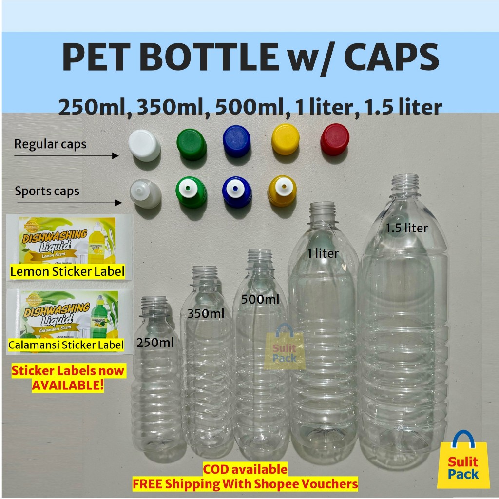 PET Bottle w/ Caps - 1L 500ml 350ml 250ml 1.5L - Regular or Sport Caps ...