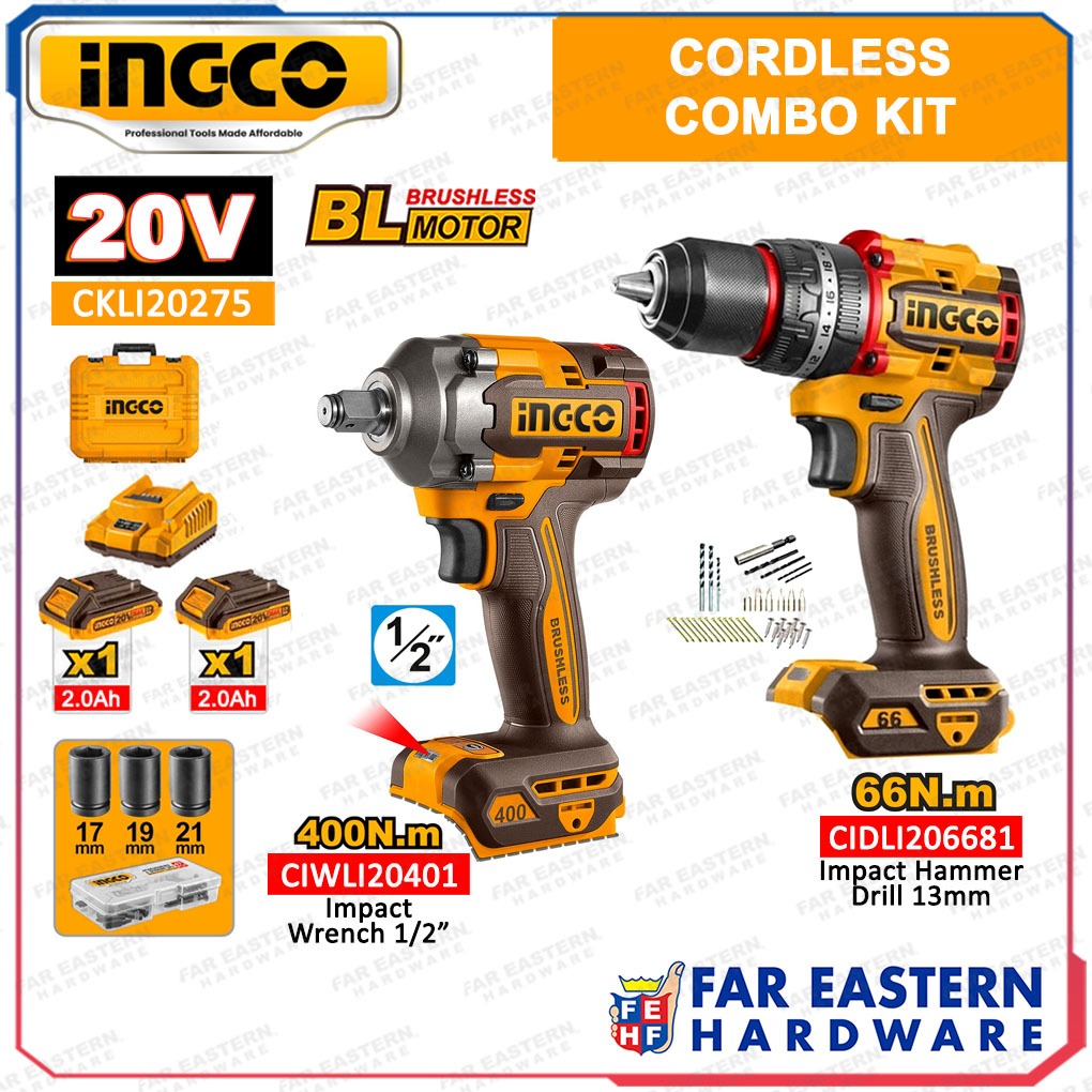 INGCO COMBO KIT Cordless Brushless Impact Drill 13mm | Wrench 1/2" 20V ...
