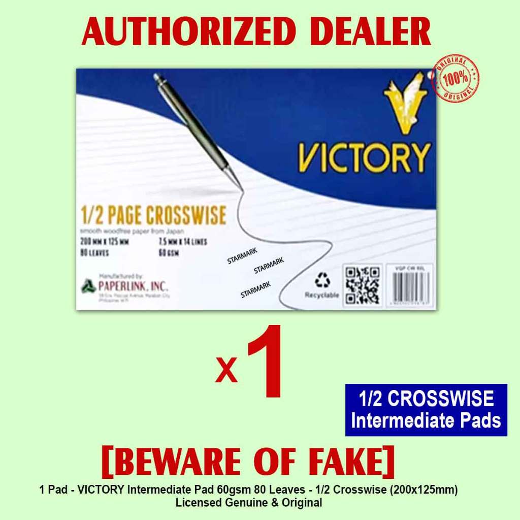 VICTORY Quiz Pad Pads WHITE 1/2 CROSSWISE 200x125mm 60gsm 80 Leaves ...