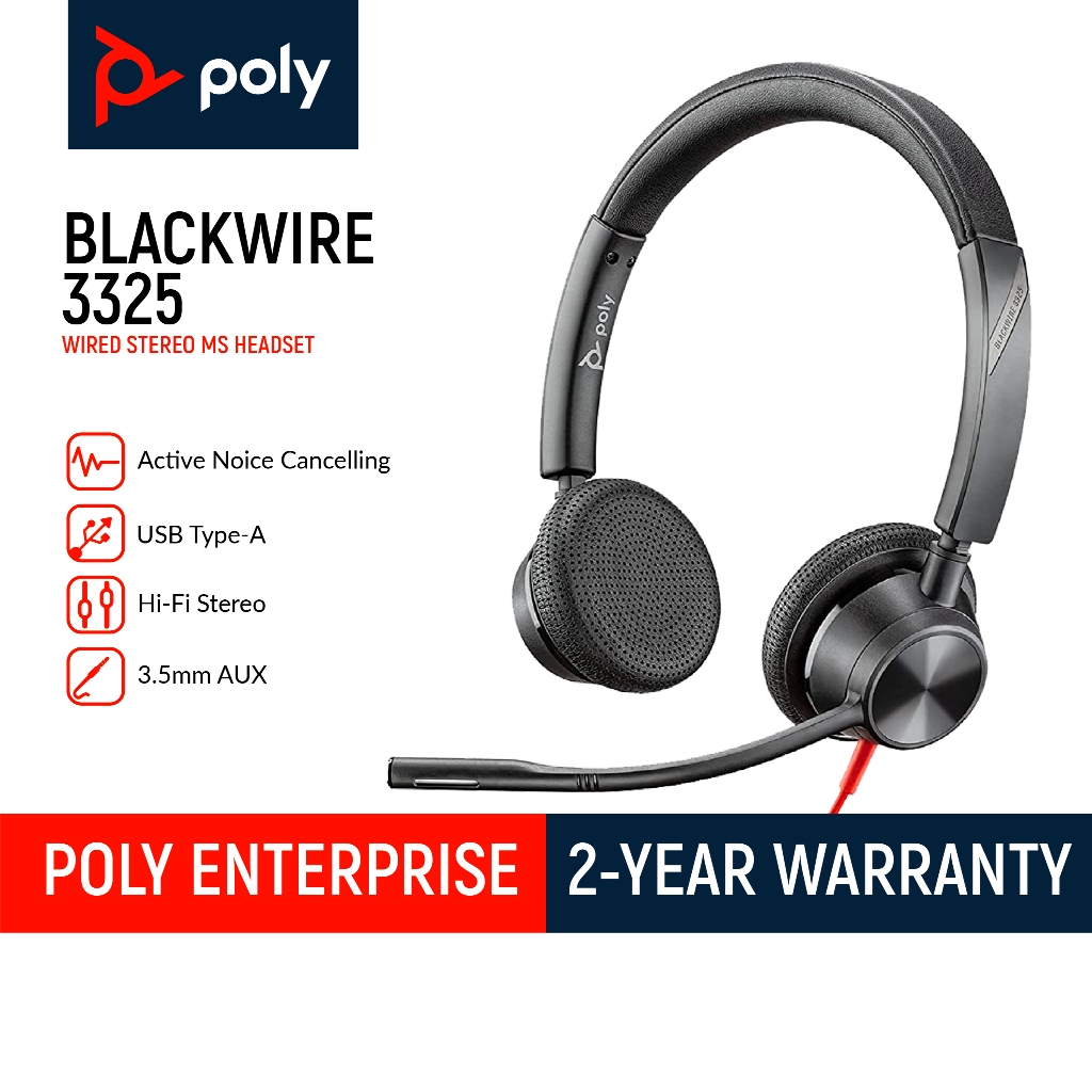 Poly Blackwire 3325 Stereo USB-C Headset +3.5mm Plug +USB-C/A Adapter ...