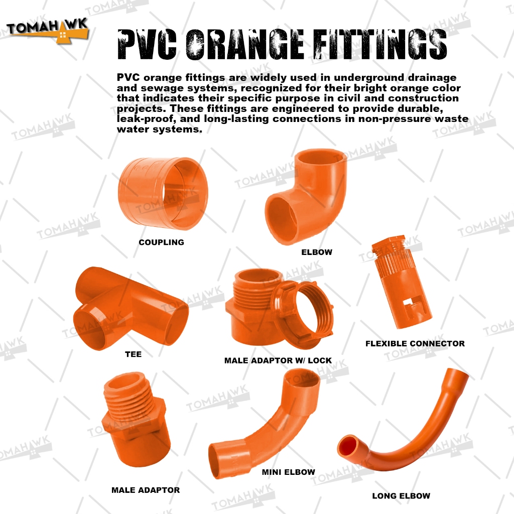 TOMAHAWK SOLD PER (1PC) PVC ORANGE FITTINGS 1/2, 3/4, 1" TEE, COUPLING ...