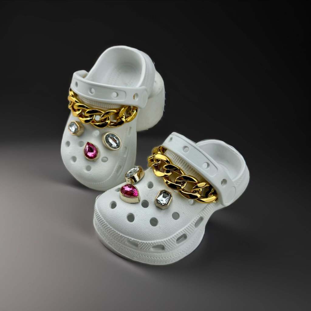 BAE WHITE CROCS CLOGS SHOES FOR KIDS WITH CHAIN AND DIAMOND (SIZE 18 TO ...