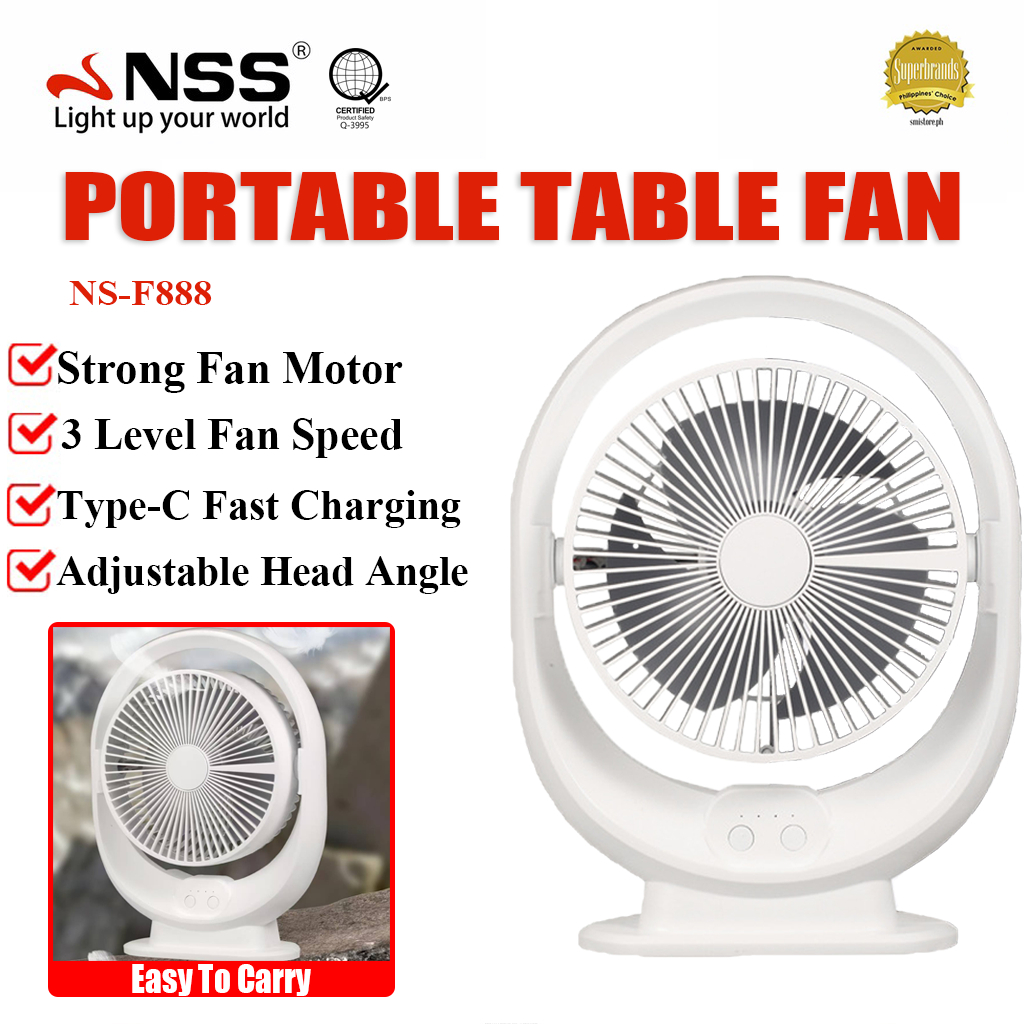NSS Adjustable Portable 3 Blade Electric Table Fan Rechargeable Mute ...