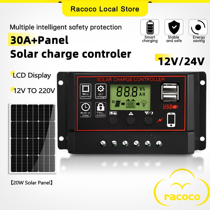 30A PWM Solar Charge Controller 12V/24V Battery Charger Regulator Solar ...