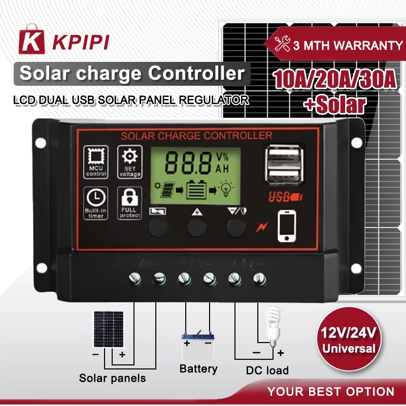 10A/20A/30A PWM 24V/12V Solar Panel Regulator Charge Controller Battery Charger LCD Display USB ...