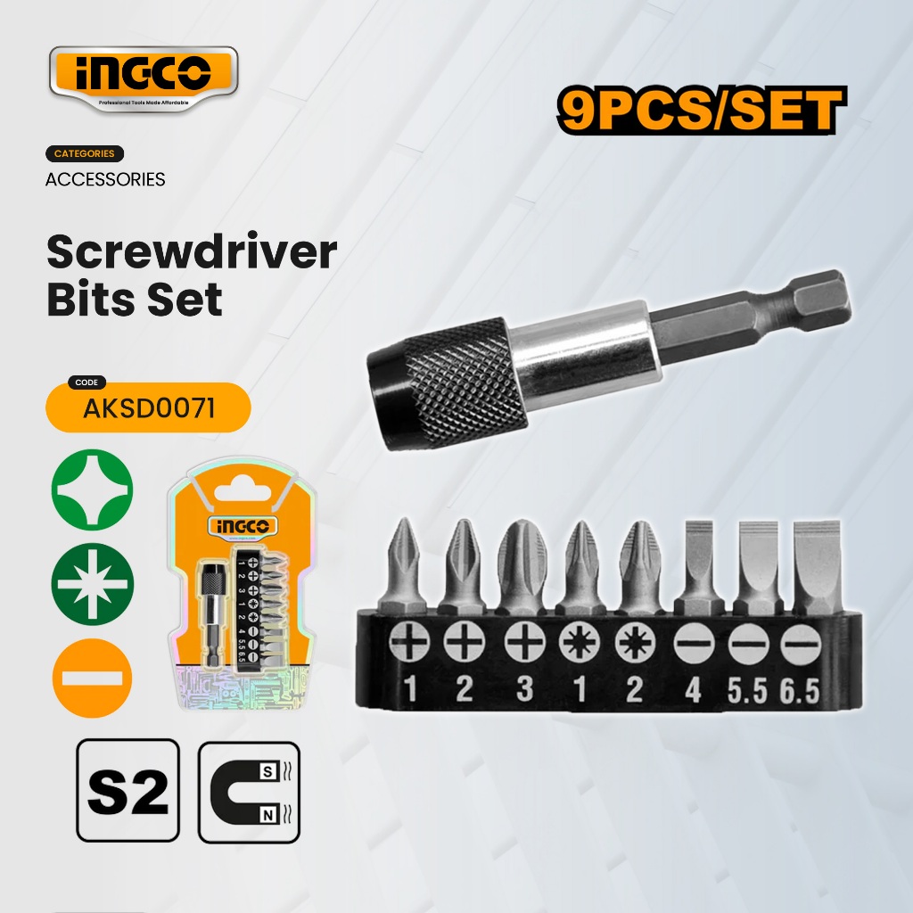 Ingco 9pcs/Set Screwdriver Bits S2 Industrial Steel Magnetic ...