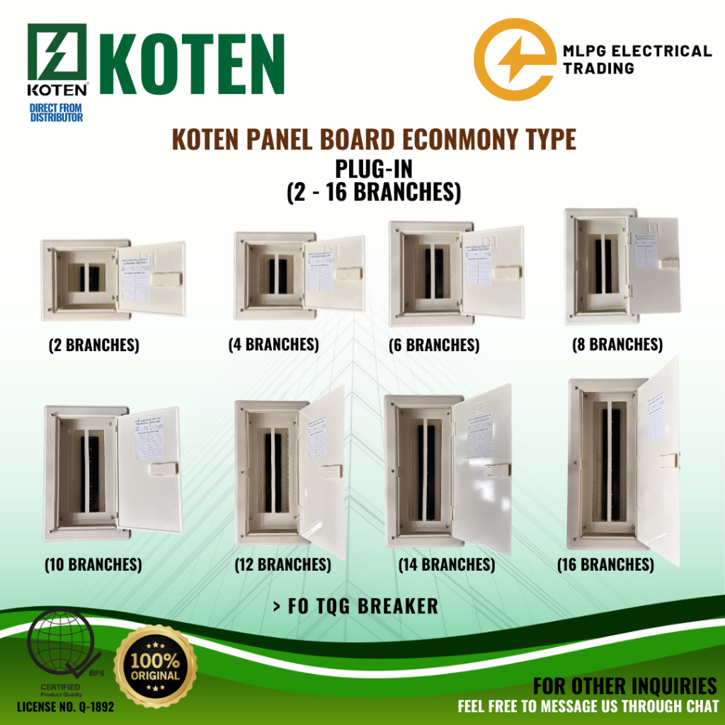KOTEN Panel Board ECONOMY TYPE for PLUG-IN (2 Pole) (2, 4, 6, 8, 10, 12, 14, 16 Branches ...
