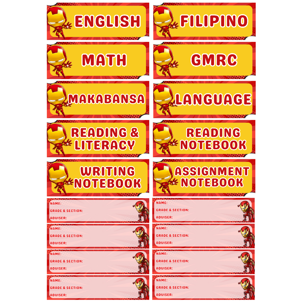 SUPERHEROES SPIDERMAN IRONMAN SUPERMANSUBJECT LABEL NOTEBOOK WITH NAMES ...