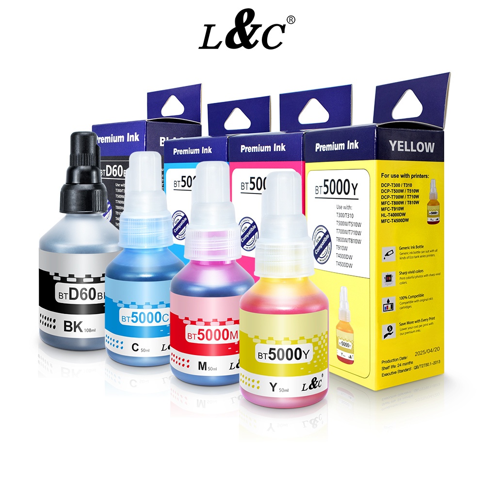 L&C 1Set Ink Set BT5000 D60 BK Dye Ink For Brother Printer DCP-T310 ...