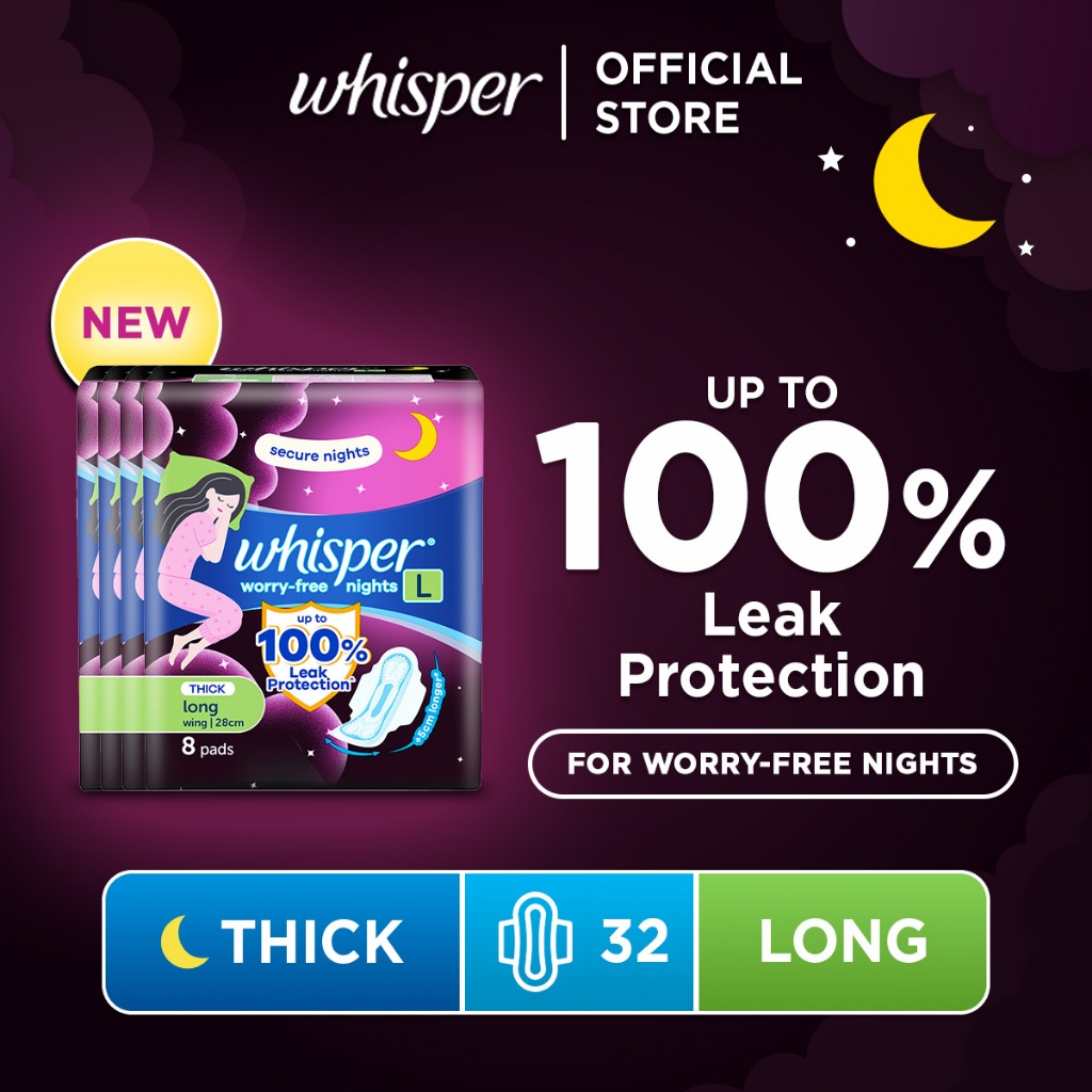 Whisper Worry-Free Nights Napkin Overnight [Heavy Flow] Wings 32 pads ...