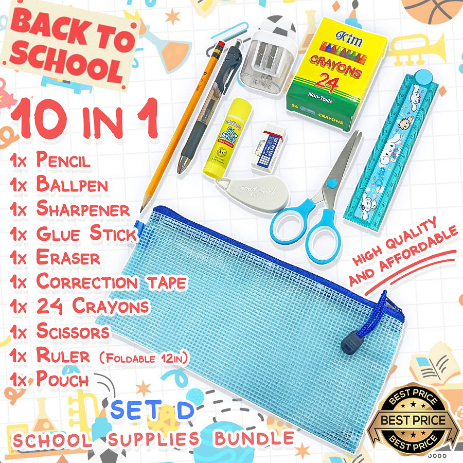KIM 10 in 1 School Supplies Bundle Pencil Crayon Ruler Glue Scissors ...
