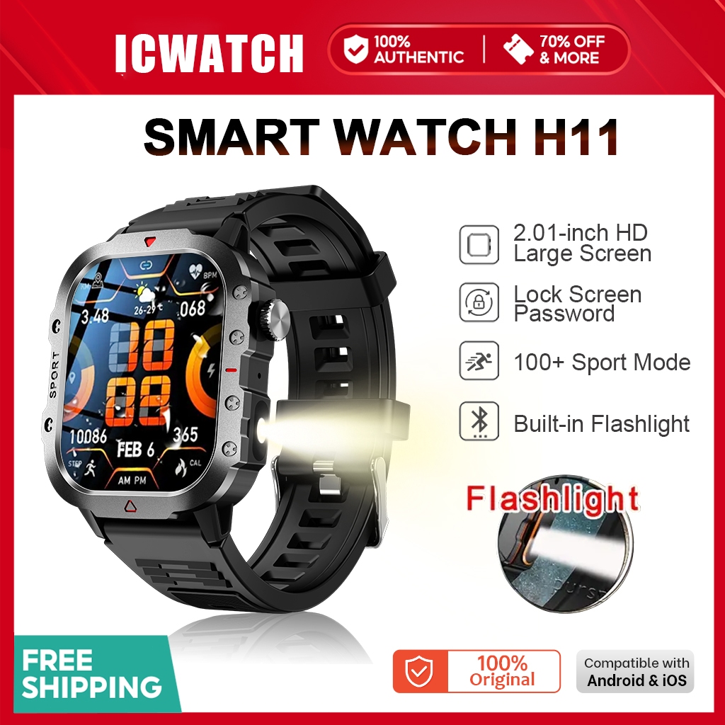 H11 Rugged Smart Watch for Men with Flashlight 2.01” HD Touch Bluetooth ...