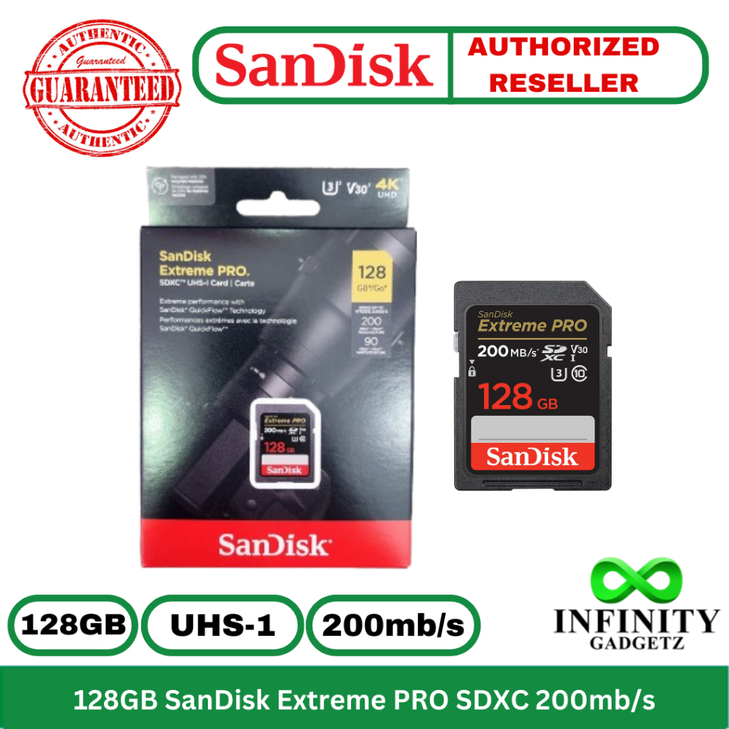 SanDisk Extreme Pro 128GB SDXC 200MB/s UHS-I U3 V30 4K SD Card Memory Card for DSLR SDSDXXD-128G ...