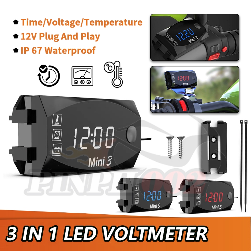 Motorcycle LED Digital Volt Meter 3 In 1 Universal 12V Waterproof Time ...