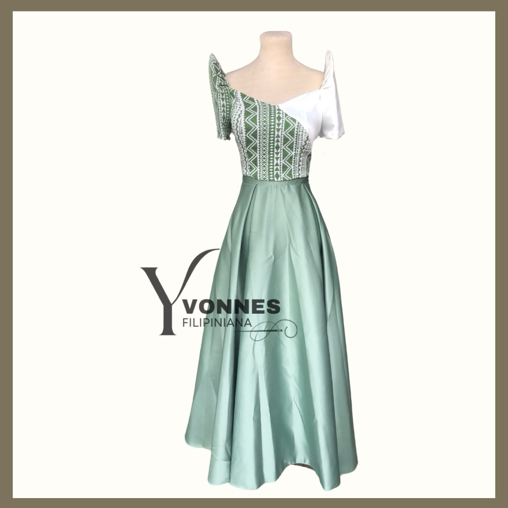 Modern Filipiniana Luna Ethnic Green Top and Sage Green Pleated Skirt ...